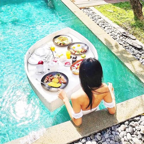 Floating Tray Floating Serving Tray White Willow-Leaf Floating Plate Rattan Woven Floating Serving Tray Table and Bar for Pool Serving Drinks, Brunch, Food