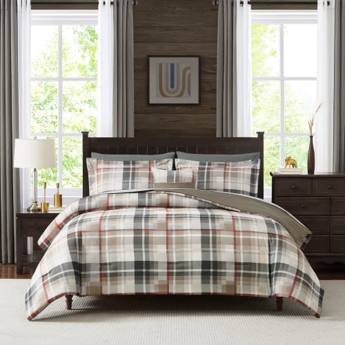 MaiRêve Queen Comforter Set, Plaid Design Comforter Set 8 Pieces, All Season Comfortable Bedding Sets Queen, Lightweight, Warm and Breathable (Khaki, Queen, 90"x90")