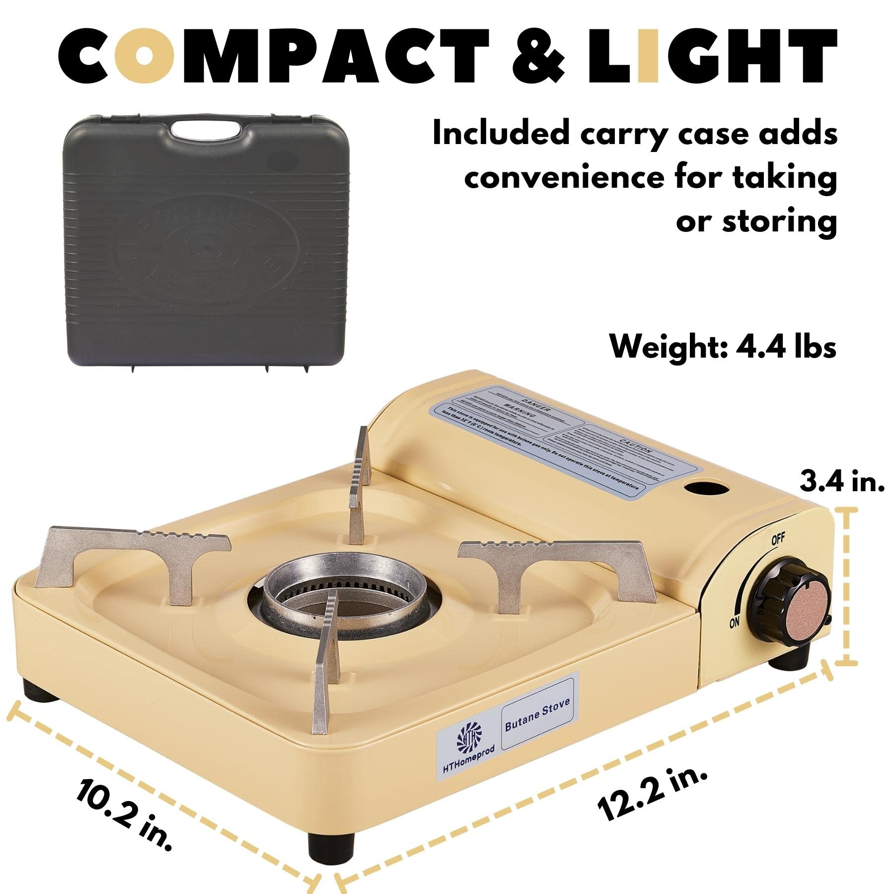 HTHomeprod Portable Butane Stove Gas Fuel Windproof Single Camping Burner Outdoor Cooker Stoves Carry Case Wind Guard