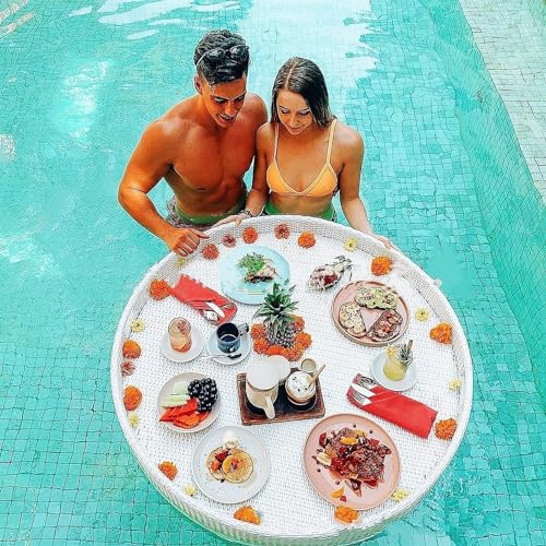 Floating Tray Floating Serving Tray Round Rattan Woven Swimming Pool Floats for Pool Serving Drinks, Brunch, Food On The Water,Brown (Color : White)