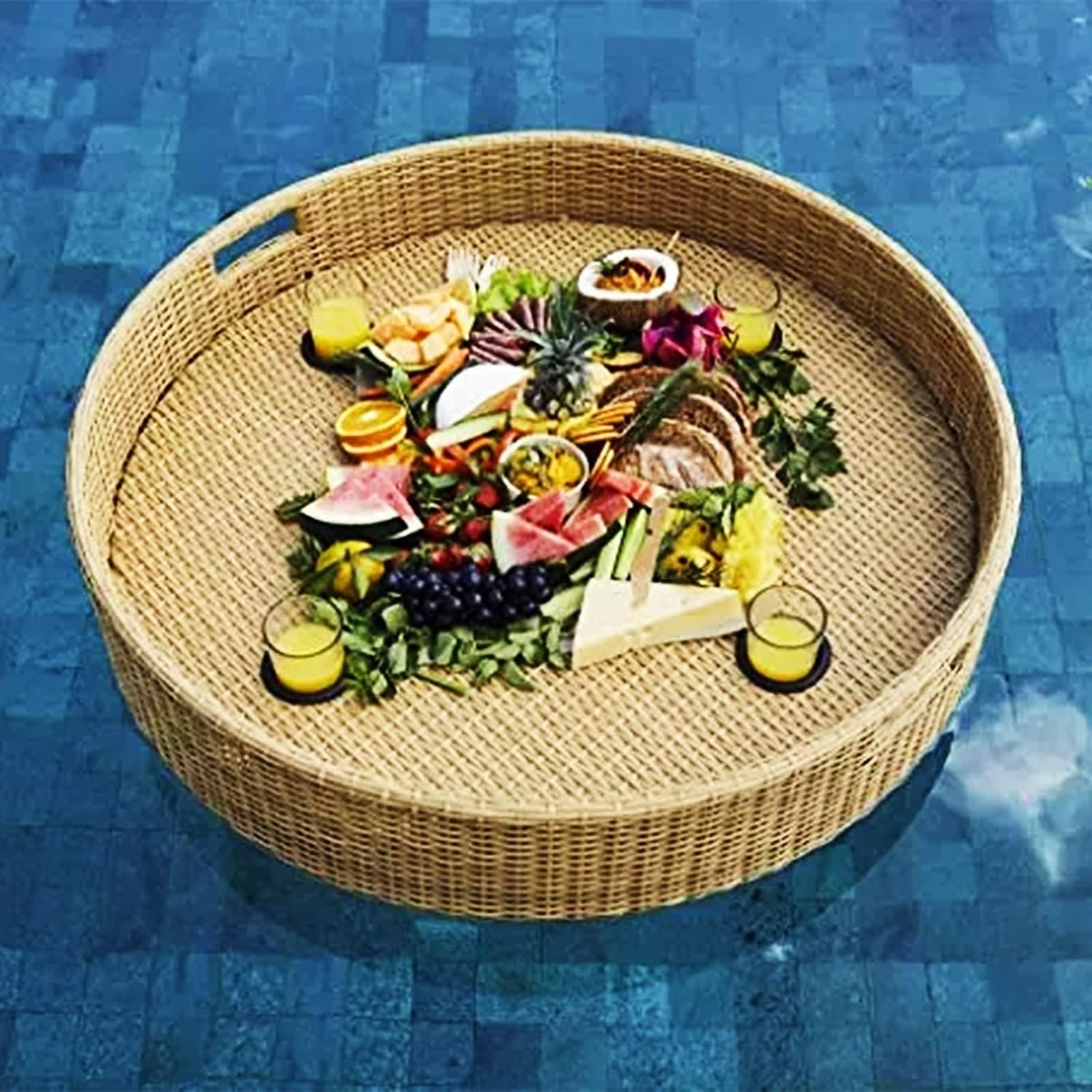 Floating Tray Floating Pool Tray Round Rattan Woven Serving Tray, for Breakfast, Drinks, Snacks, Coffee Table, Home Decorative