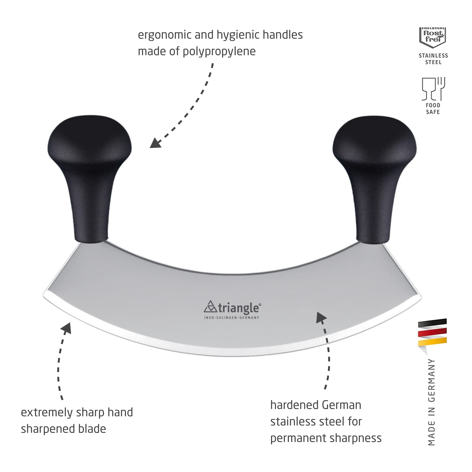 triangle Mincing Knife - 7” Stainless Steel Curved Blade - Mezzaluna Knife & Pizza Cutter - Ergonomic Beechwood Handles - Made in Germany