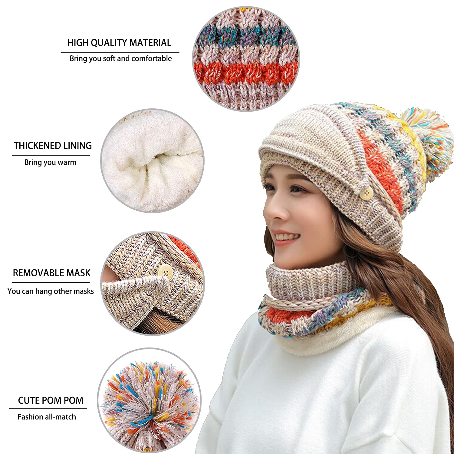 Fleece Lined Winter Hats for Women Knit Beanie Hat Scarf Mask Set Warm Soft Slouchy Skull Cap with Pom Pom… Beige