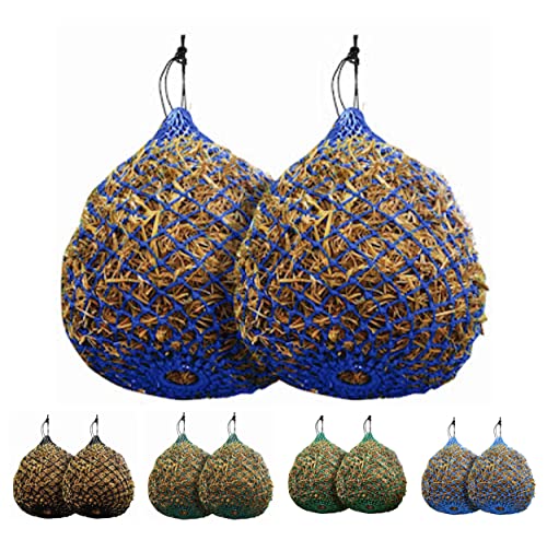 Majestic Ally 2 Pcs 1.25”x1.25” Holes Ultra Slow Feed 36” Very Sturdy Hay Net with Bottom Ring for Horses, Goat, Travel Feeder for Trailer and Stall, Reduces Waste (Royal Blue)