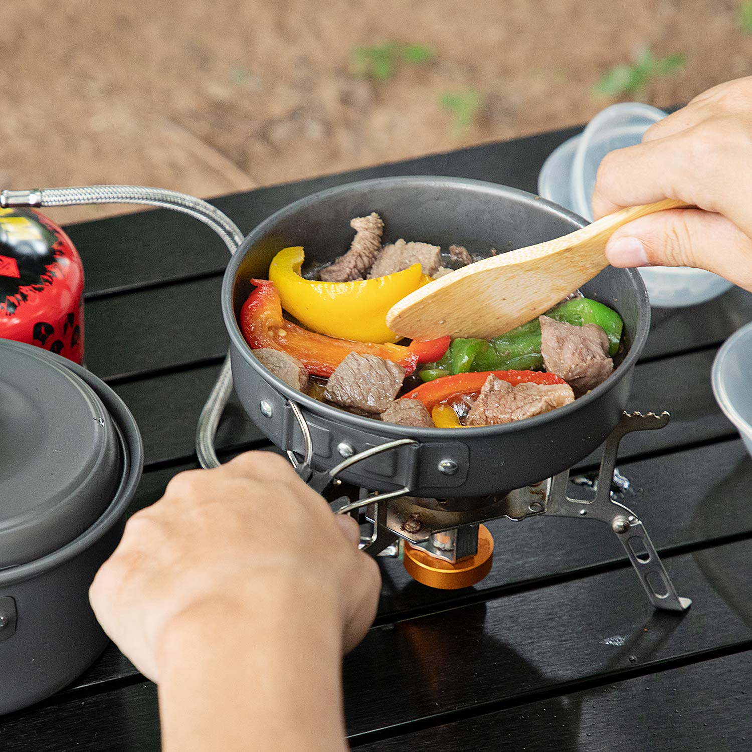 G4Free 11PCS/13PCS Camping Cookware Mess Kit Hiking Backpacking Picnic Cooking Bowl Non Stick Pot Pan Knife Spoon Set(11PCS Orange)