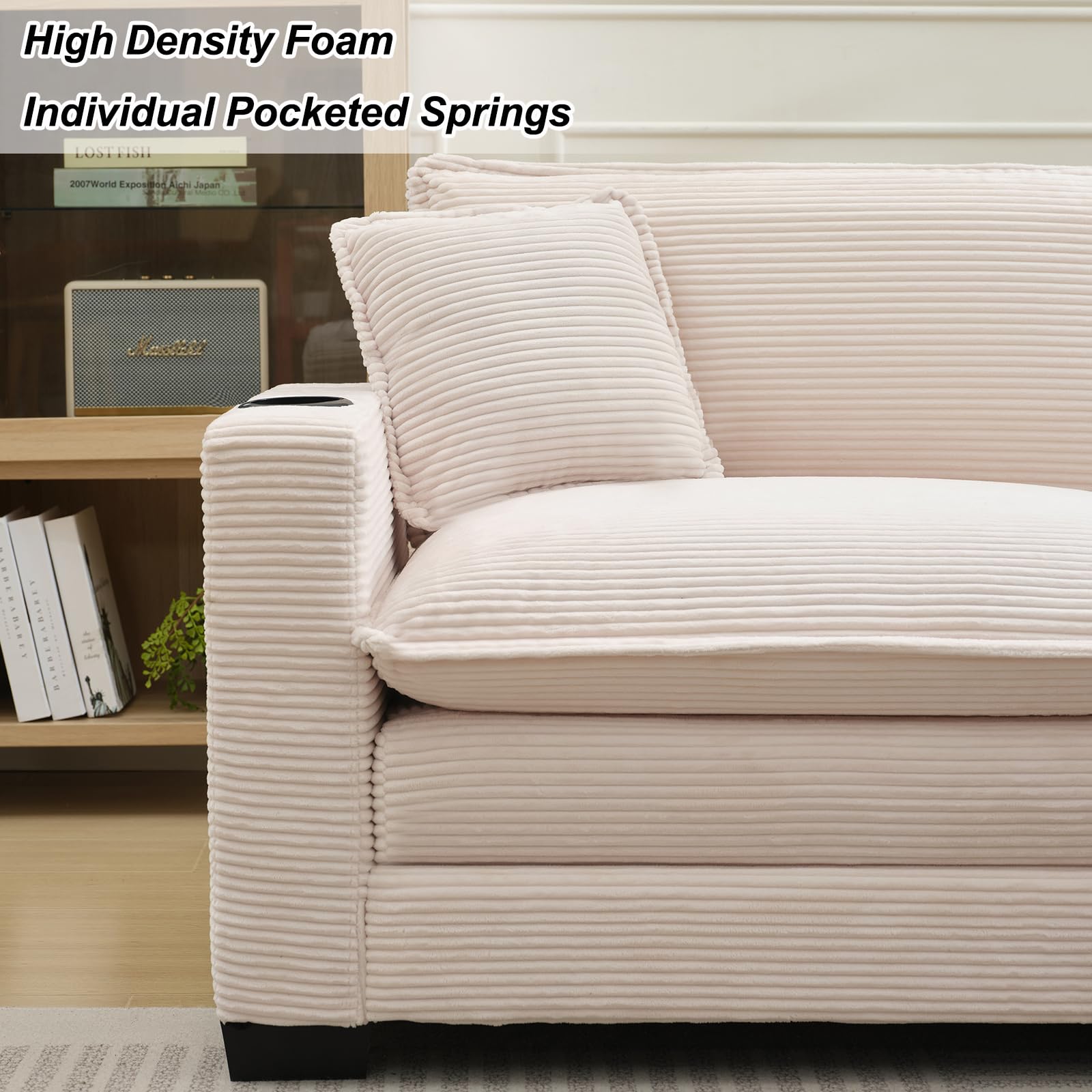 Neylory 82.7" Convertible Sectional Sofa, Cloud Couch L Shape Sofa Sleeper Loveseat with Ottoman & Cup Holder & USB Ports, Green Couch Corduroy Comfy Couches for Small Living Room, Apartment