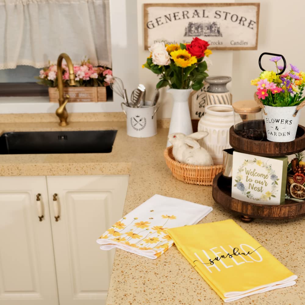 GEEORY Kitchen Towels for Spring Summer Decor Yellow Daisy Dish Towels 18 x 26 Inch Ultra Absorbent Bar Drying Cloth Hello Sunshine Hand Towel for Kitchen Bathroom Party Home Decorations Set of 2