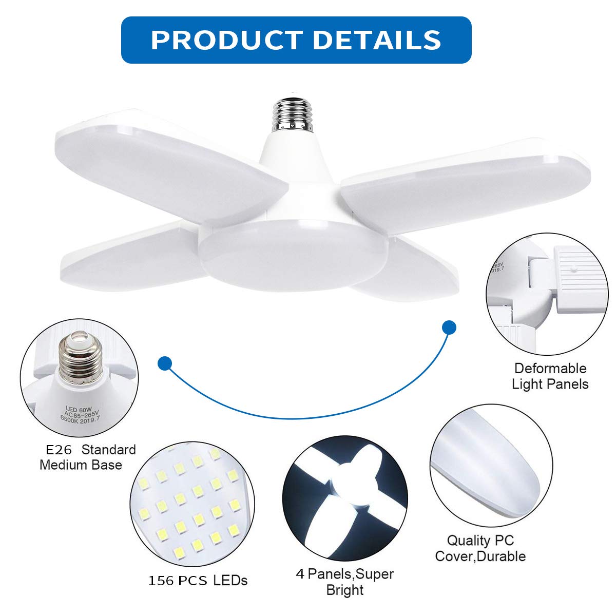 Ganeed LED Garage Light,60W Deformable Lamp,6000LM E26 LED Garage Ceiling Lights 6500K Daylight White with 4 Adjustable Panels,Deformable LED Shop Lights for Garage Warehouse Workshop Basement