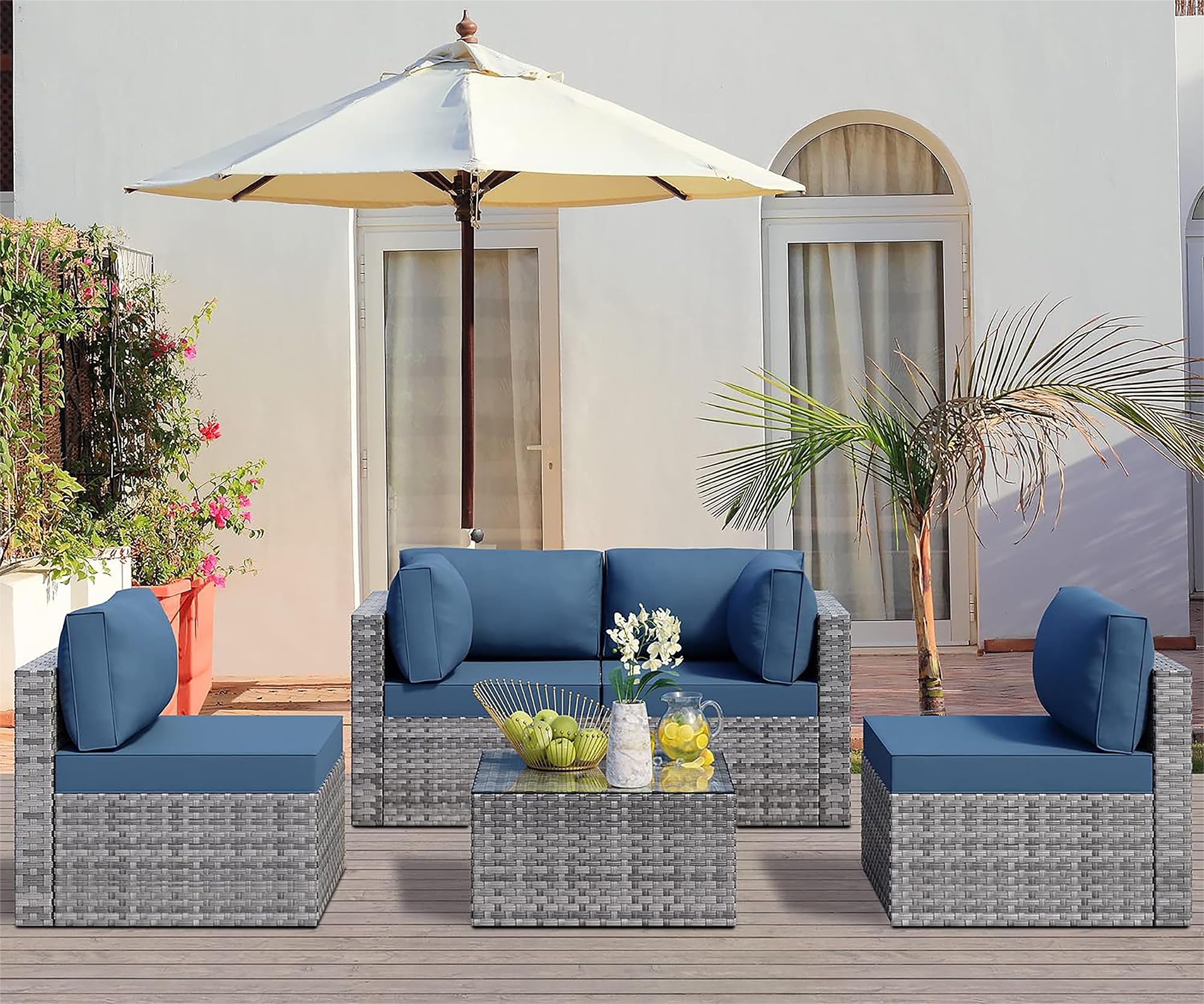 Walsunny Patio Furniture Set, 5 Pieces Outdoor Sectional Sofa Wicker Conversation Sets with Tea Table and Patio Couch Cushions(Aegean Blue)