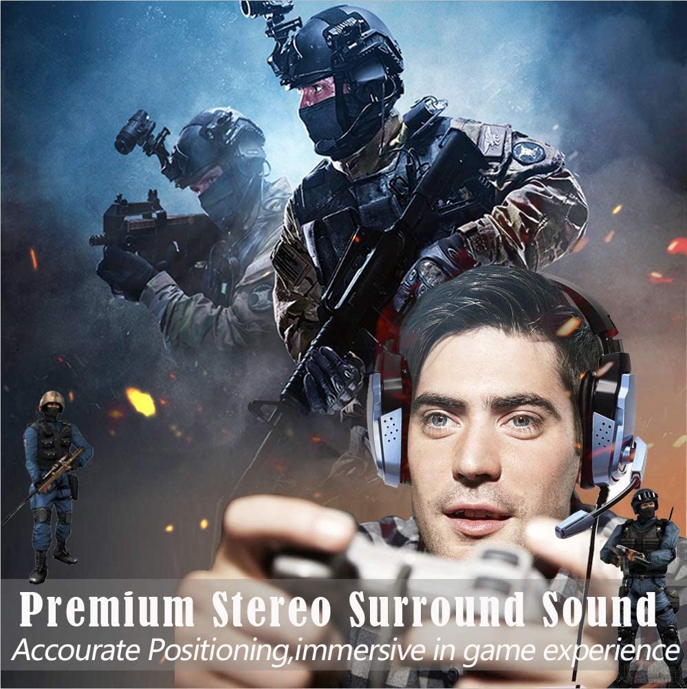 Gaming Headset for PS4 Xbox One Controller Laptop Mac Over-Ear Gaming Headphones with Microphone RGB Light Noise Cancelling & Volume Control Gaming Headphones with Microphone for PC (W/3.55mm Cable)