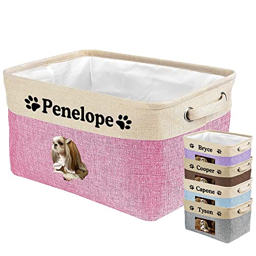 MALIHONG Custom Dog Basket for Toys Collapsible Storage Bin Grey Brow Pink Purple Blue Rectangular Pet Storage Organizer Box with Handles Medium Customized Name & Photo