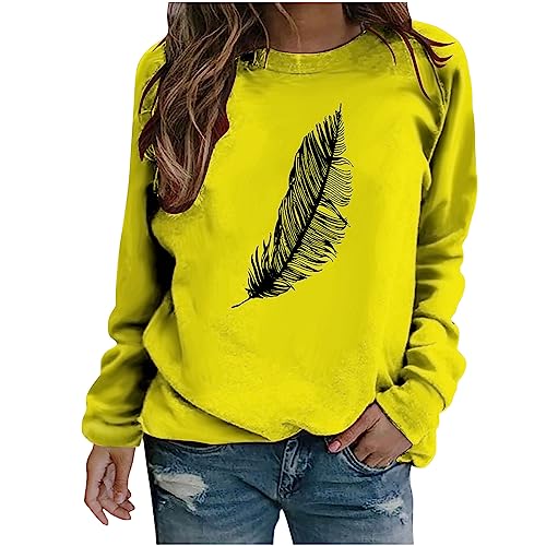 LAWOR Women'S Tops 2023 Summer Sudaderas capucha sudaderas la moda para mujer camisa manga larga estampado plumas jersey cuello redondo otoño G2-Yellow X-Large