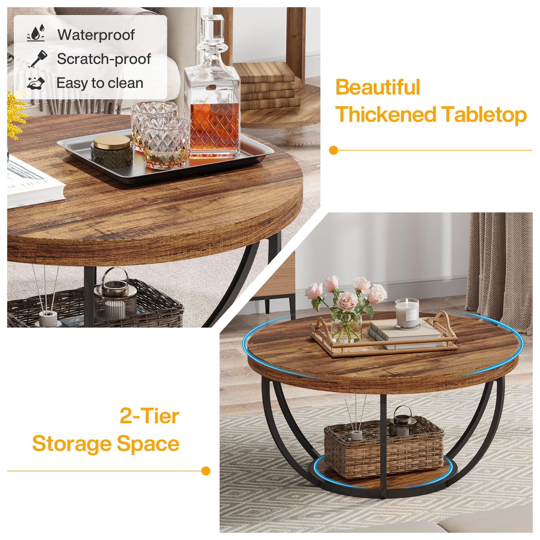 Tribesigns Round Coffee Table, 31.7" Wooden 2-Tier Circle Coffee Table with Storage Shelves, Modern Accent Cocktail Table Center Table for Living Room, Rustic Brown