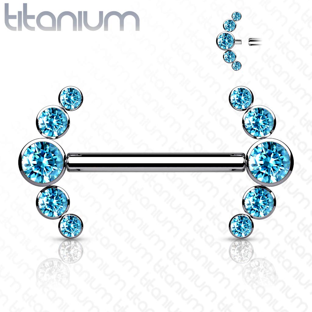 Dynamique Implant Grade Titanium Nipple Barbells With CZ Bezel Set Internally Threaded 5-CZ Curve Ends (Sold Per Pair Or Per Piece)
