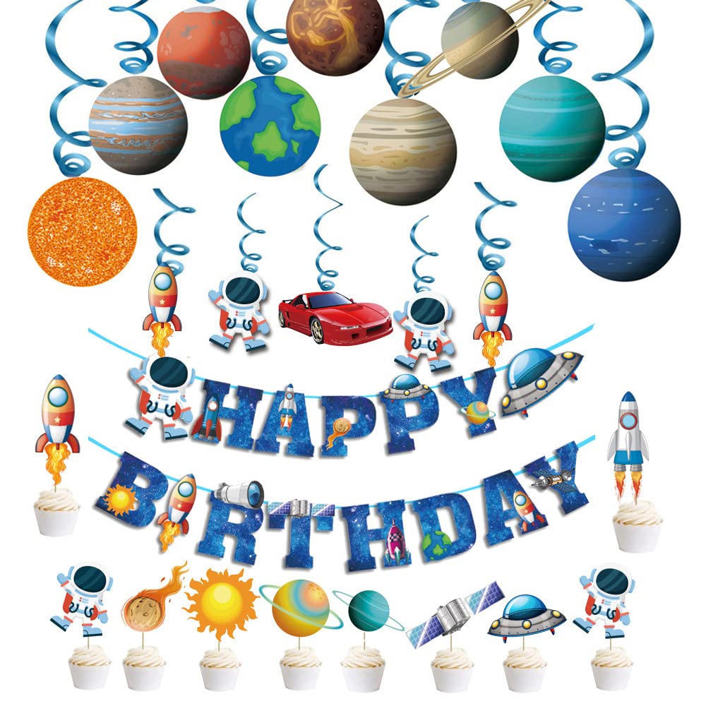 Kids Outer Space Party Decorations,Outer Space astronaut Rocket Spaceship Happy Birthday Banner,Solar System Spiral Planet Decoration, Space Theme Cupcake Toppers,Space Birthday Party Supplies