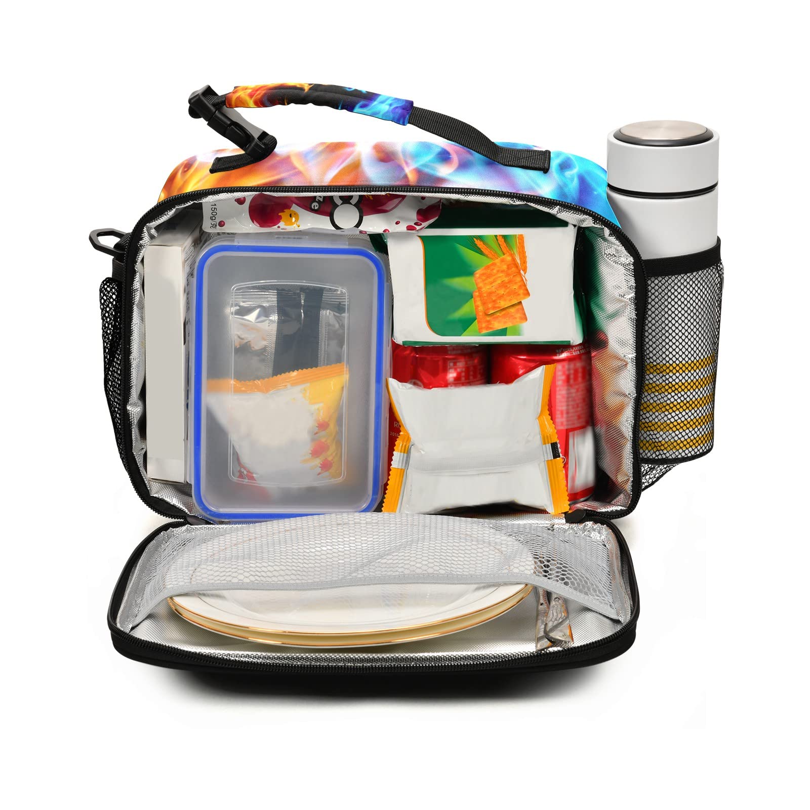 KFBE Gold Flame Kids Lunch Box Insulated Blue Dragon Lunch Bags Cooler Tote Bag with Removable Shoulder Strap for Boy Girl Student (20824031), One Size