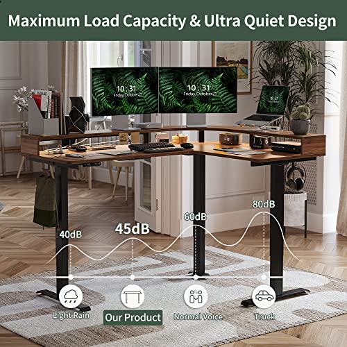FEZIBO Triple Motor L Shaped Stadning Desk with LED Strip & Power Outrlets,63 inches Height Adjustable Stand up Corner Desk with Ergonomic Monitor Stand, Black Frame/Black Walnut Top