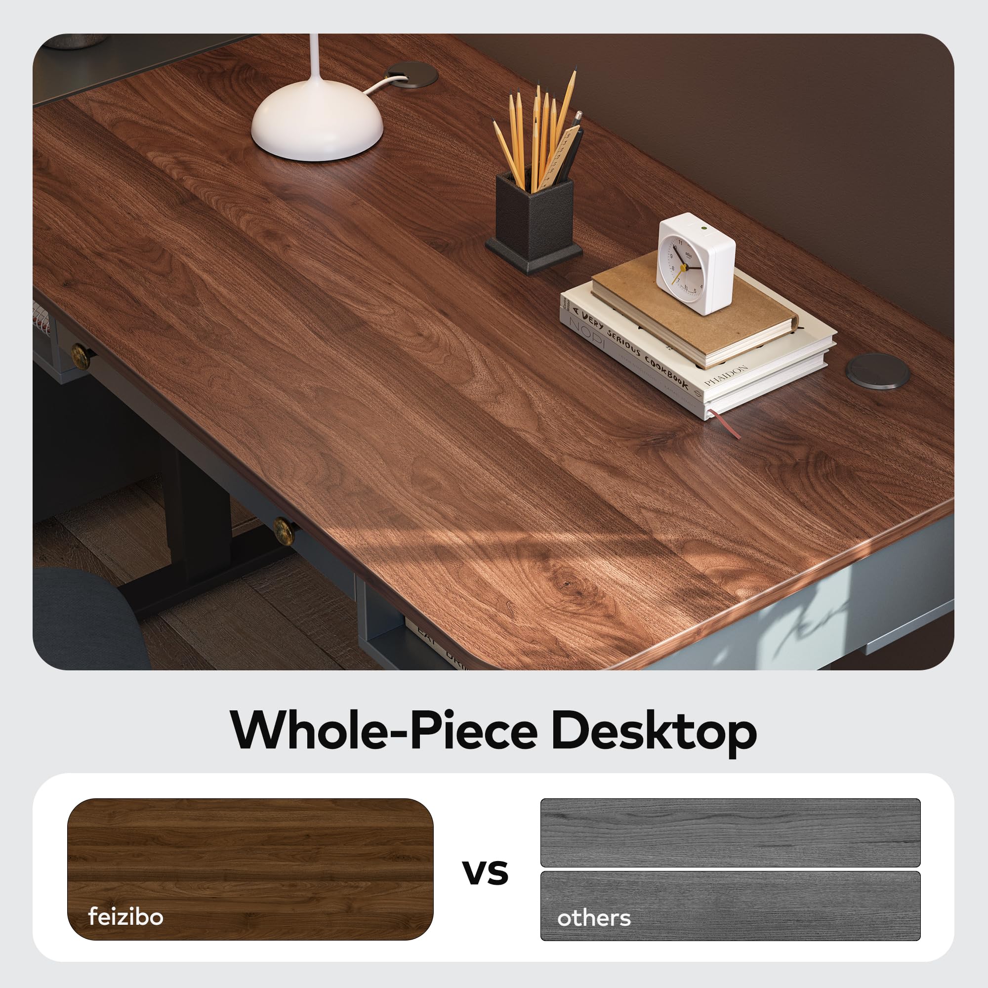 FEZIBO Whole Piece Mid Century Modern Electric Standing Desk with Drawer and Open Storage, 48 x 24 Inches Sit Stand Home Office Desk, Haze Blue Walnut(2 Packages)