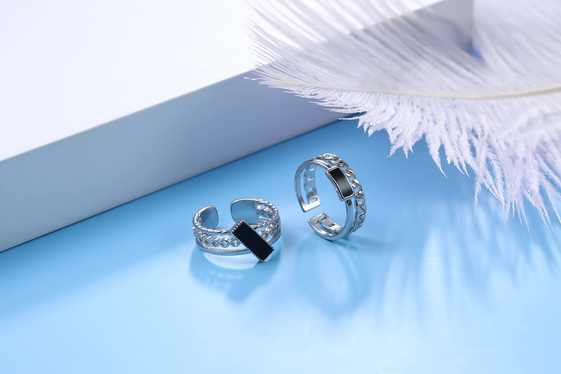 Gbinitail 3Pcs Trendy & Punk Adjustable Ring Set for Women and girls - Platinum-Plated, Stackable, Enamel & Hollow Silver Rings, sizes 5.5 to 7.5