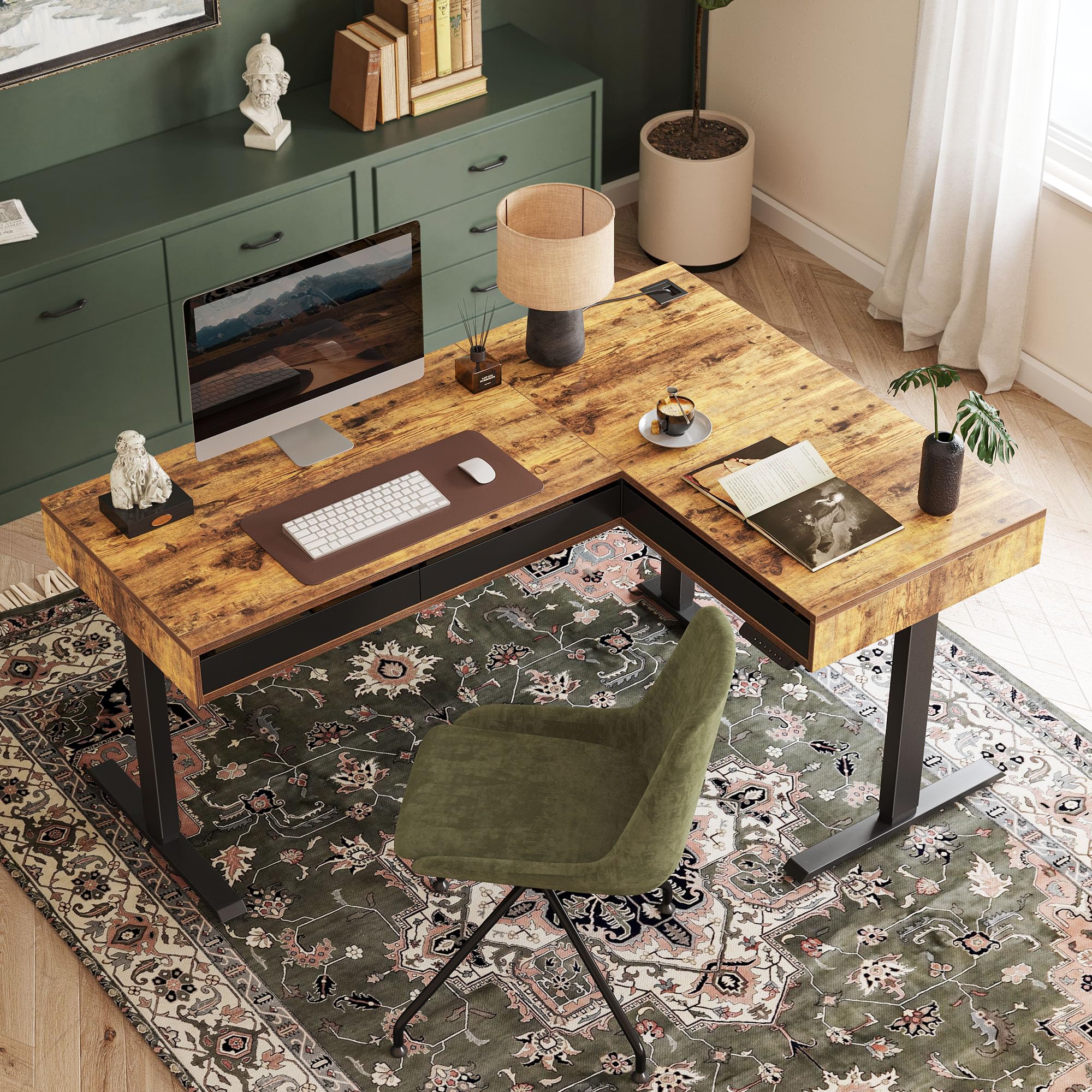 FEZIBO Whole-Piece L Shaped Standing Desk Adjustable Height with 3 Drawers, 63 x 48 Inches Adjustable Desk L Shape, Rustic Brown(2 Packages)