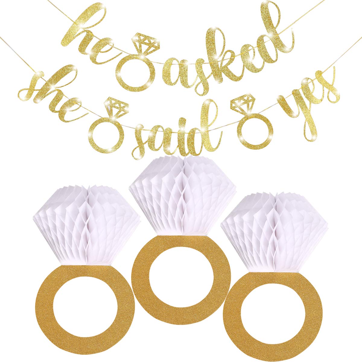 Wedding Decoration|Bachelorette Party Decoration|Gold Glittery Honeycomb Diamond Ring Hang Deco with He Asked She Said Yes Banner Wall Decor for Bridal Shower Engagement Party (HANG DECORATION)