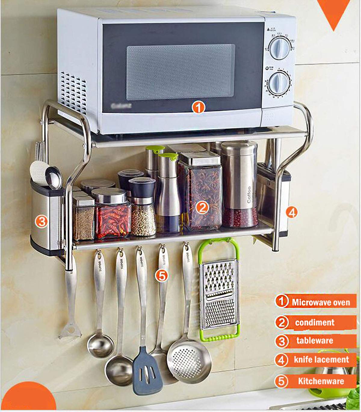 INTBUYING 2 Layer Microwave Oven Wall Mount Shelf Stainless Steel Kitchen Storage Organization with Removable Hooks