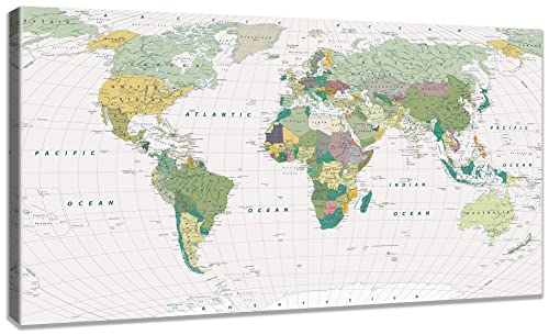 qorvami World Map Wall Art of The World Canvas Wall Decor Poster Framed Stretched Green Map Canvas Wall Art for Living Room Bedroom Office Home Decoration Large Size 20x40inch Ready To Hang