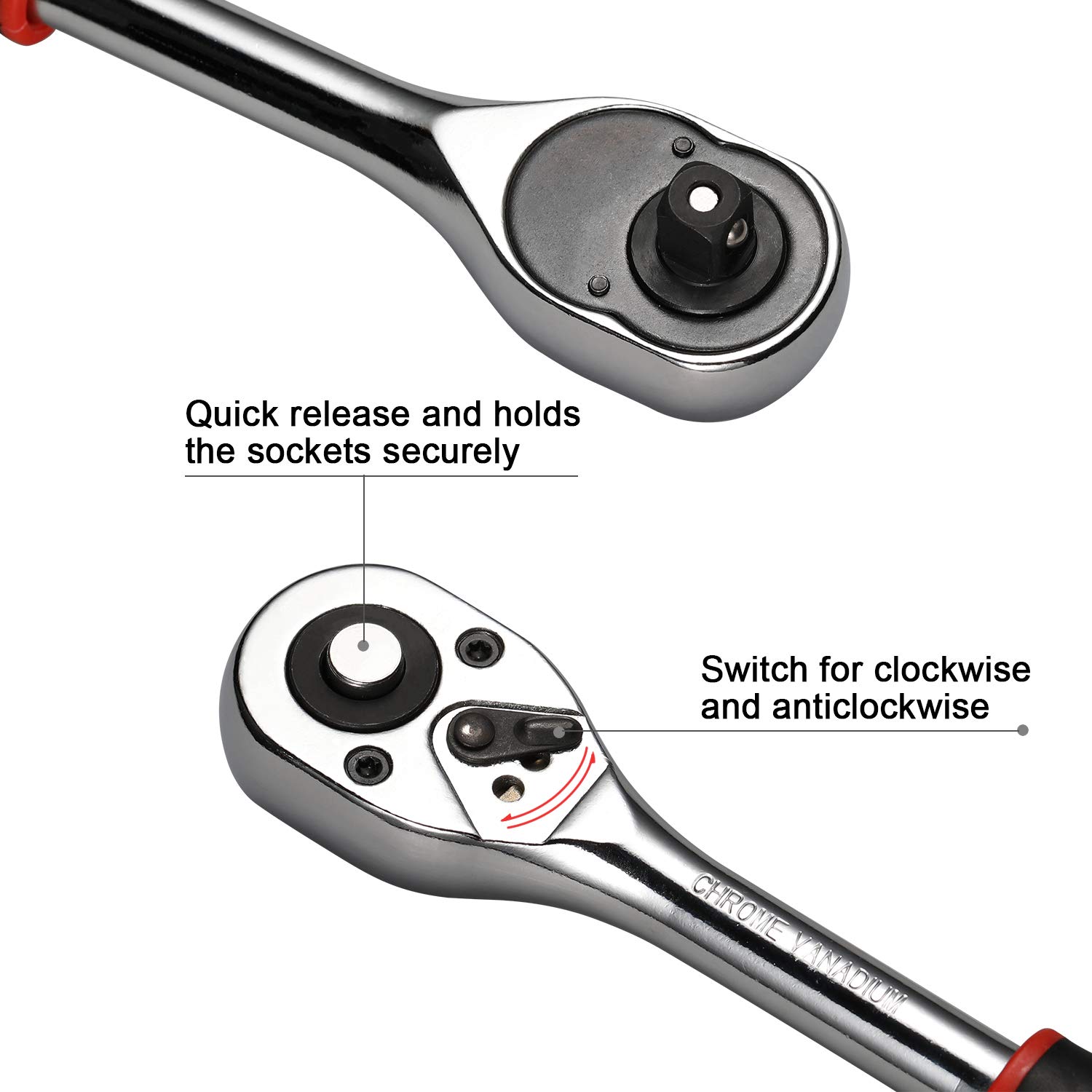 Egofine 12pcs 1/2 Inch Ratchet Socket Wrench Set, Drive Socket Set with 10 Sockets 10-15,17,19,22,24mm and 2 Way Quick Released Ratchet Handle and Extension Bar