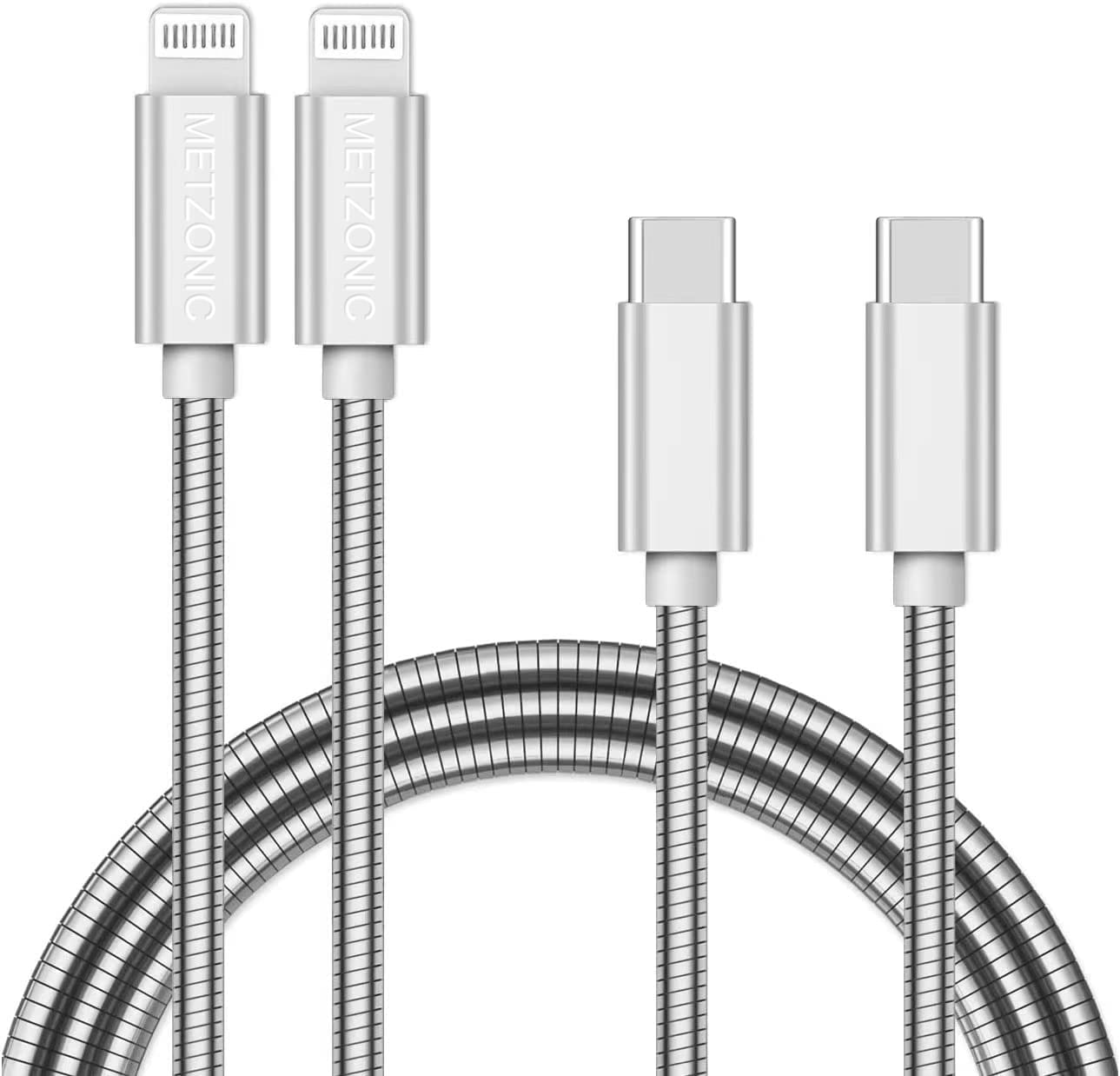 METZONIC Apple MFi Certified Charger [2 Pack, 6.6 Feet] Metal 304 Stainless Steel Braided USB Charging Cable High Speed Connector Data Sync Transfer Cord