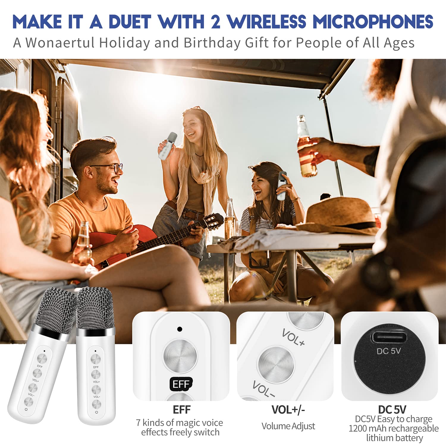 Karaoke Machine with 2 Wireless Microphone,Portable Bluetooth Speaker with HD Sound PA System Support Echo and Vocal Cut,USB,SD, AUX input for Party, Meeting, Wedding, Home and Outdoor (White)
