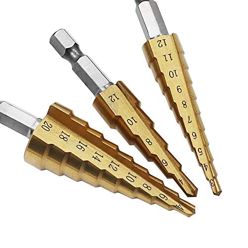 NACHEE 3Pcs Metric Titanium Coated Step Drill Bit Set, HSS Cone Drill Bit with 1/4" Hex Shank Drive Quick Change(3-12 mm 4-12 mm 4-20 mm)for DIY Woodworking, Plastic Wood