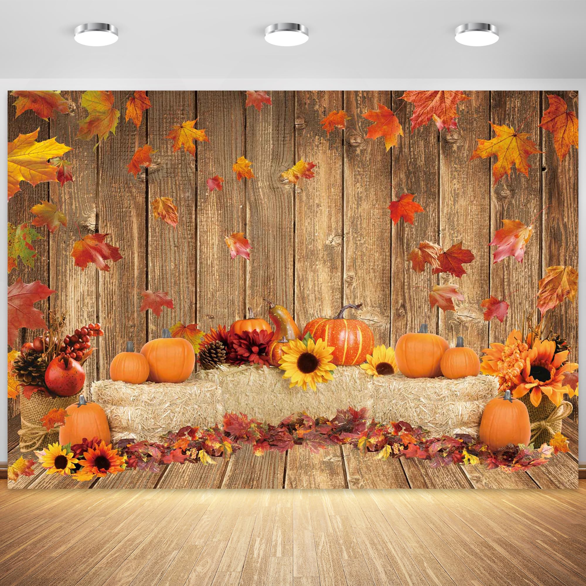 Fluzimir 7x5FT Fall Photo Backdrop Autumn Thanksgiving Day Wooden Pattern Maple Leaves Pumpkin Background for Photography Friendsgiving Party Decorations Harvest Event Banner Decor
