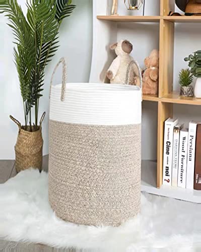 Tall Woven Laundry Basket with Handles, Clothes Hamper Storage Basket for Living Room, Bedroom, Entryway, Bathroom, Large Woven Blanket Basket for Pillows, Towels, Blankets