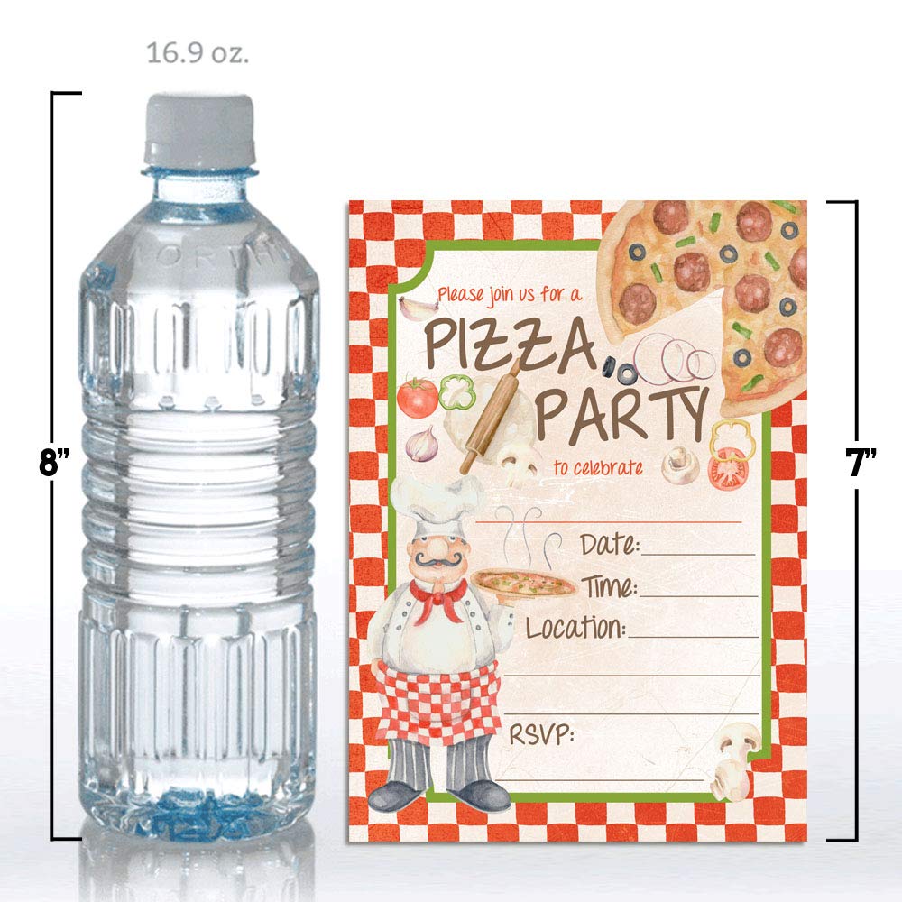 Watercolor Chef Pizza Party Themed Birthday Party Invitations for Kids, 20 5x7 Fill In Cards with Twenty White Envelopes by AmandaCreation
