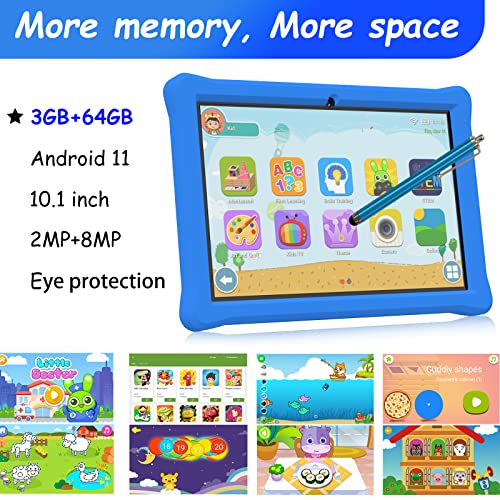 RUIQIAI Kids Tablet 10 inch with Case, Android 11 Tablet for Kids, 3GB+64GB, IPS Touch Screen, Parental Control, Dual Cameras, Wi-Fi,BT(Tablet with Pen)