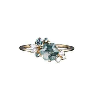 Hexagon cut moss agate ring vintage green moss agate engagement ring rose gold unique cluster engagement ring diamond wedding ring for women (WHITE GOLD, 6)
