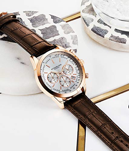 Stuhrling Original Mens Watches Chronograph Analog Silver Dial with Date Rose Gold Steel Case Tachymeter 24-Hour Subdial Mens Brown Leather Strap