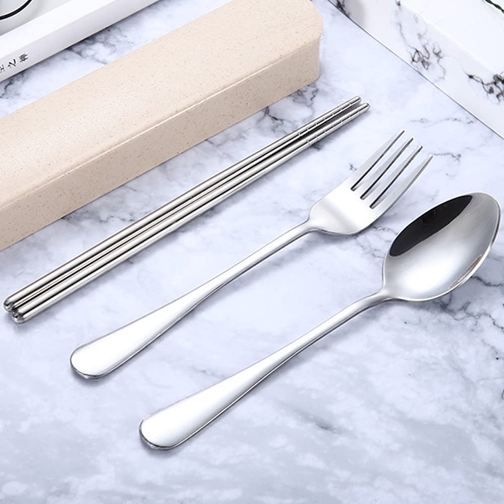 Xihuimay 3pcs Stainless Steel Chopsticks Fork Spoon Set with Travel Case Non-Slip Tabeware Pack Metal Portable Flatware Set Utensils Chinese Japanese Korean for Cooking Eating Dishwasher Safe, White