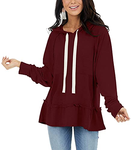 For G and PL Women Loose Ruffled Hem Raglan Hoody Long Sleeve Babydoll Solid Tiered Sweatshirt with Pocket Maroon XXL