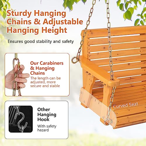 Tangkula 2 Person Hanging Porch Swing, Outdoor Bench Swing with Adjustable Chains, High Back, Cozy Armrests, Wooden Tree Swing Chair for Patio Backyard Deck Garden (Natural)