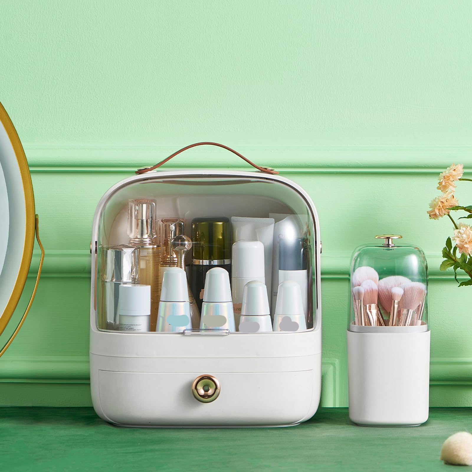 MIUOPUR Makeup Organizer with Brush Holder, Cosmetics Display Case with Transparent Cover, Make up Organizers and Storage, Dust Proof Skin Care Organizer, Great for Bathroom and Vanity Countertop