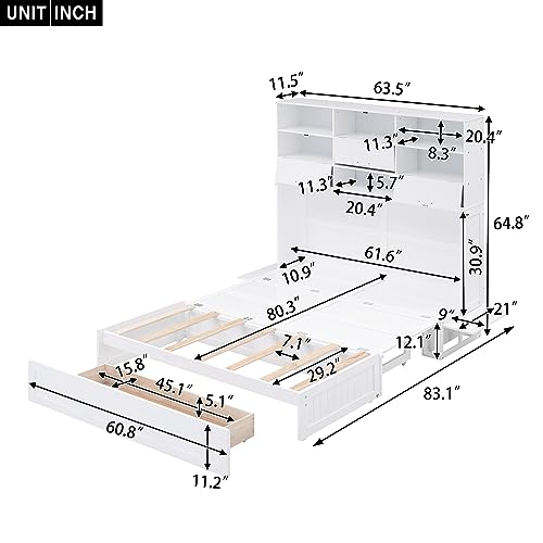 EMKK Queen Size Murphy Bed with Bookcase, Bedside Shelves and a Big Drawer,Queen Murphy Bed with Shelving Unit, Space-Saving Wall Bed for Multipurpose Room