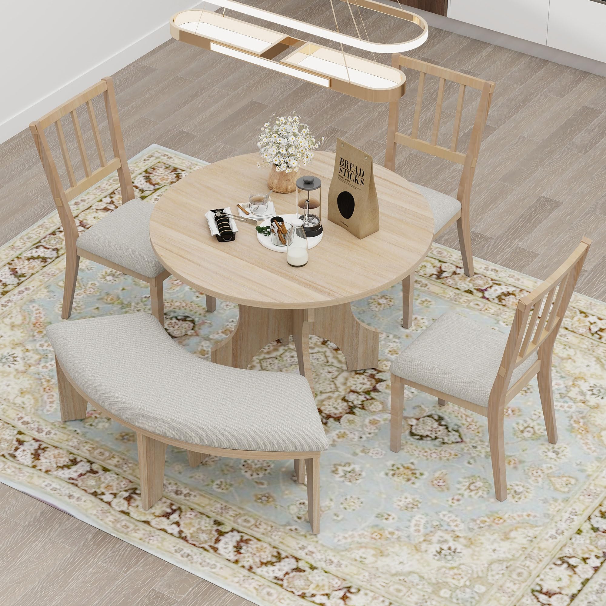 FIQHOME Kitchen Room Retro 5-Piece Set, 44' Round Dining Table with Curved Bench & 3 Upholstered Chairs and Special-Shaped Legs, 4-5 People,Natural Wood Wash