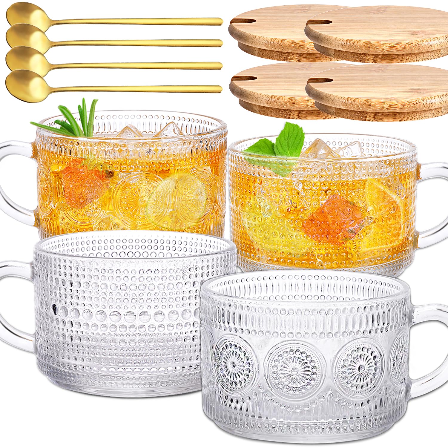 Gusnilo Set of 4pcs Vintage Embossed Clear Coffee Mugs with Bamboo Lid and Spoons,Tea,Latte,Yogurt Cups,Beverage,Overnight Oats Containers,14 Oz Glass Coffee Cups for Cappuccino
