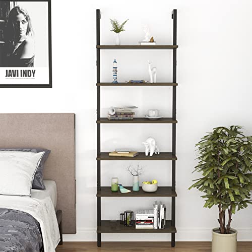Wolawu Ladder Shelf Black 6 Tiers Modern Bookshelf Room Organizer Open Tall Wall Mount Bookcase Standing Leaning Wall Shelves Industrial Decorative Living Room Bed Room