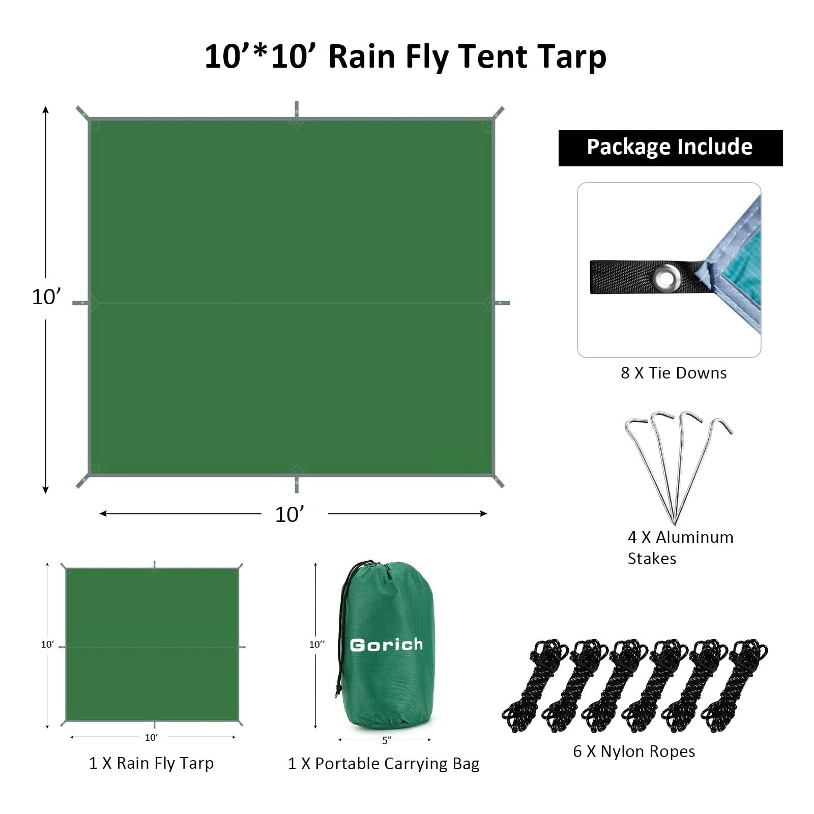 Gorich 10' X 10' Waterproof Camping Hammock Rain Fly Hammock Camping Tarp, Camping Gear and Accessories, Perfect Hammock Tent Rain Cover, Including Stakes, Ropes and Tensioners, Ripstop Nylon