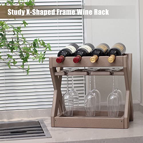 KORVOS Countertop Wine Racks with Glass Holder,4 Bottles Small Wine Rack,High-Density PE Tabletop Wine Bottle Holder for Kitchen, Living Room, Wine Cellar,Bar(Apricot Color)