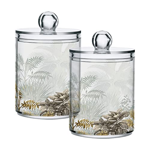 Kigai 2PCS Tropical Leaves Qtip Holder Dispenser with Lids - 14 oz Bathroom Storage Organizer Set, Clear Apothecary Jars Food Storage Containers, for Tea, Coffee, Cotton Ball, Floss