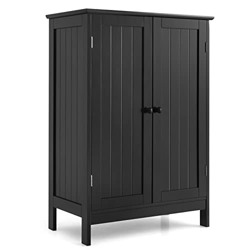 Tangkula Bathroom Floor Cabinet, Freestanding Storage Cabinet with Double Doors and Shelf, Modern Home Furniture, Wooden Home Organizer for Living Room, Bathroom Storage Cabinet (Black)