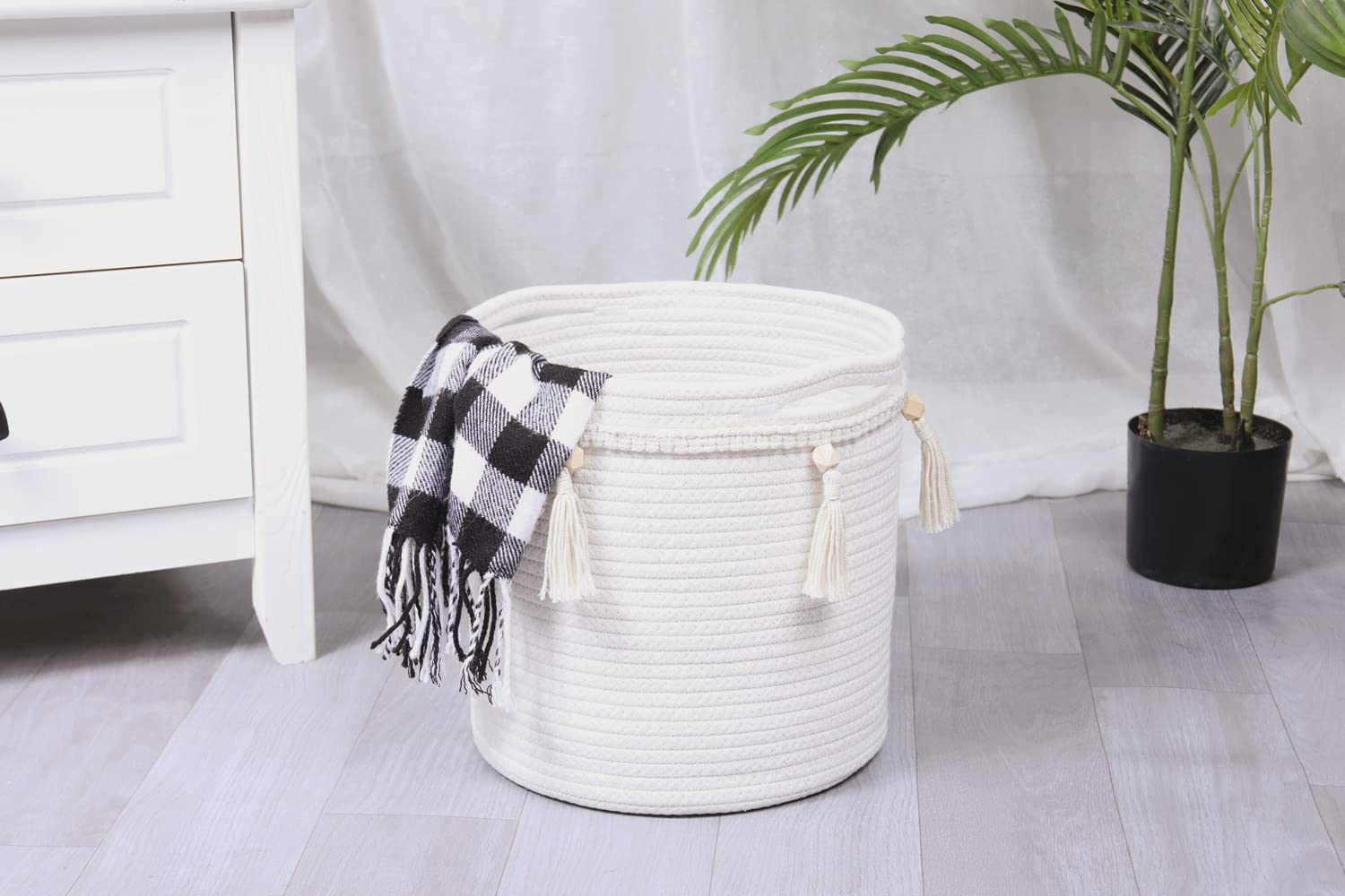 guzhiou Boho Basket with Cute Macrame Woven Tassel, Cotton Rope Storage Bins Organizer for Boho Room Decor,Bedroom Decor,Plant Basket 11"X11"